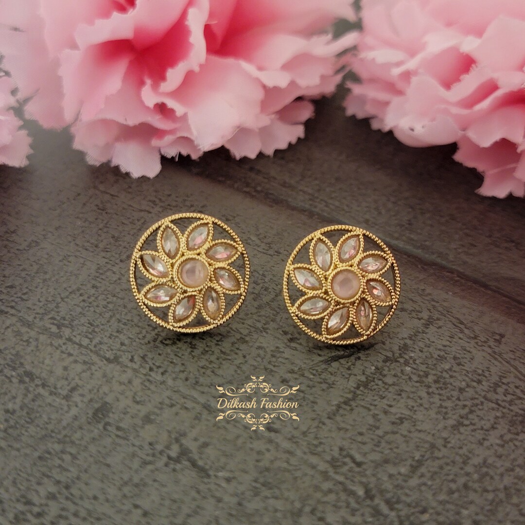 Pakistani Indian Punjabi Gold Pink Polki Studs Earrings Dilkash Fashion ...
