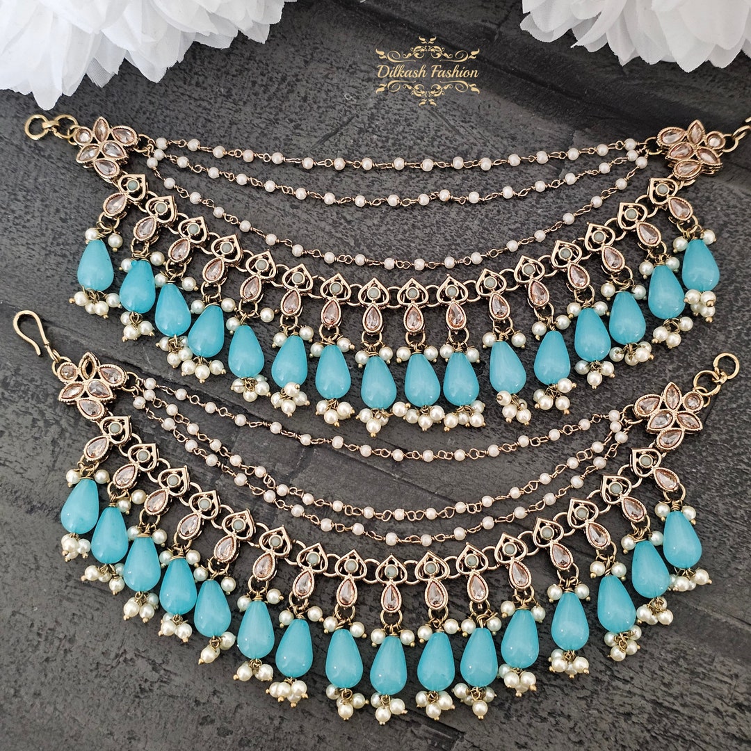 Pakistani Indian Punjabi Gold Turquoise Blue Polki Pearl Sahare Kaan ...