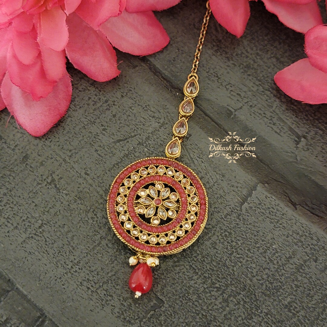 Pakistani Indian Punjabi Ruby Hot Pink Gold Polki Tikka Maangtikka ...