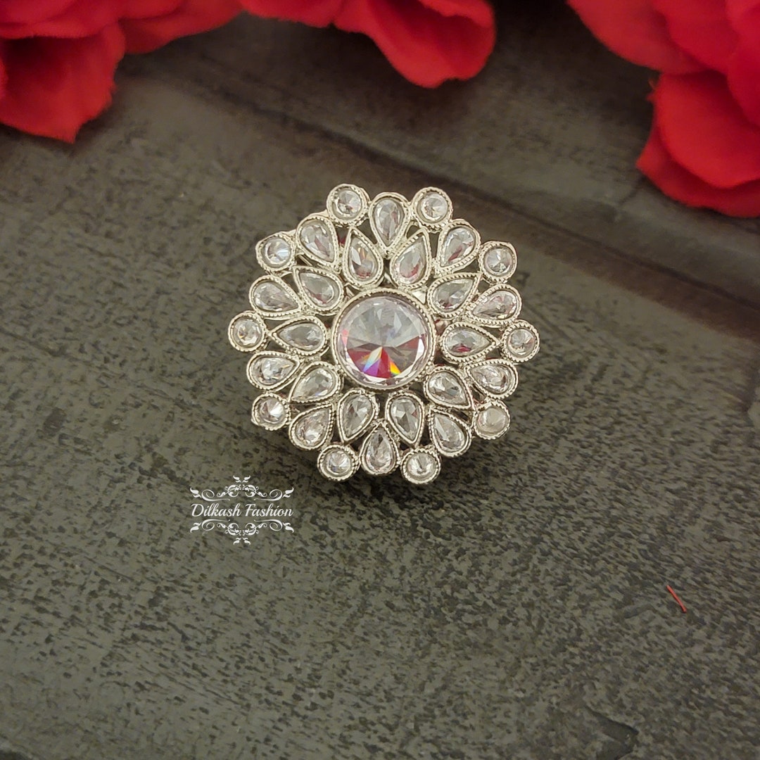 Pakistani Indian Punjabi Beautiful Handcrafted Silver Polki Adjustable Ring Dilkash Fashion ...