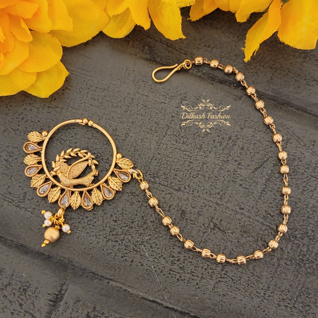 Pakistani Indian Punjabi Gold Polki Bird Nath Nose Ring Nathni Dilkash ...