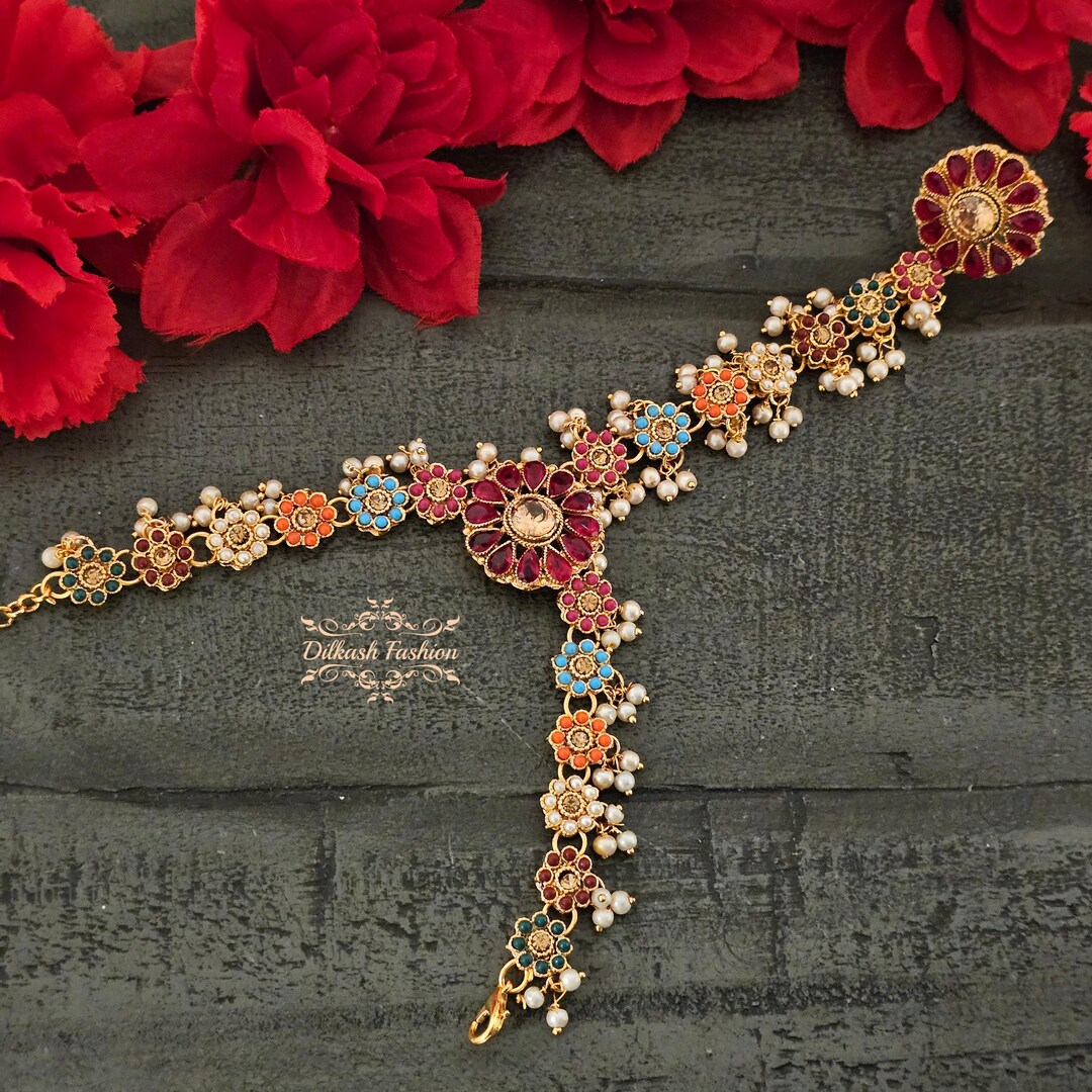 Pakistani Indian Punjabi Gold Nauratan Ruby Gold Polki Adjustable Hand Jewelry Bracelet Ring ...