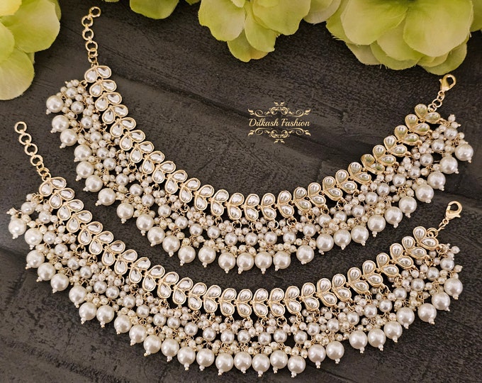 Pakistani Indian Punjabi Gold Amritsari Kundan Pearls Anklet Payal Pair ...