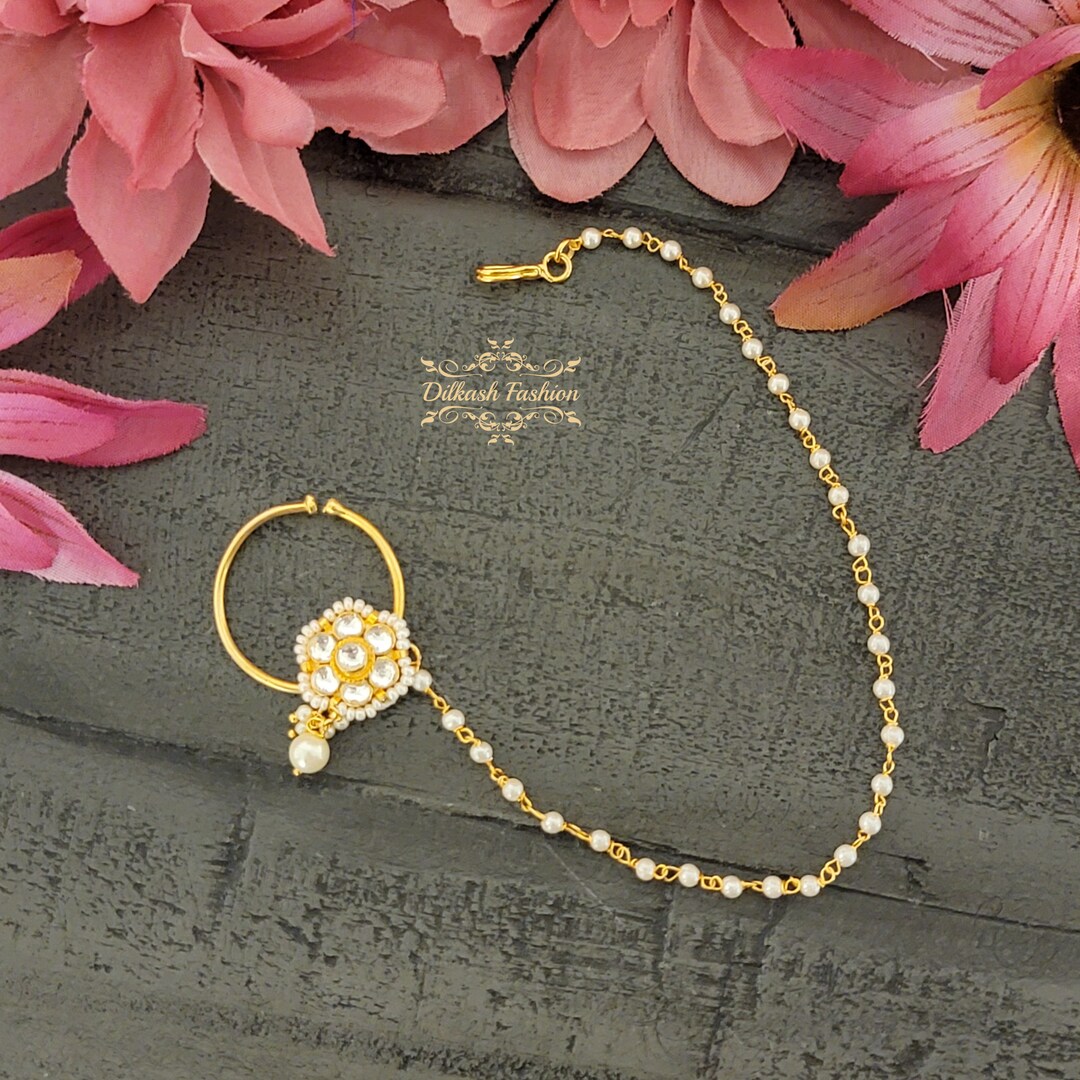 Pakistani Indian Punjabi Gold Pearl Kundan Nath Nose Ring Nathni ...