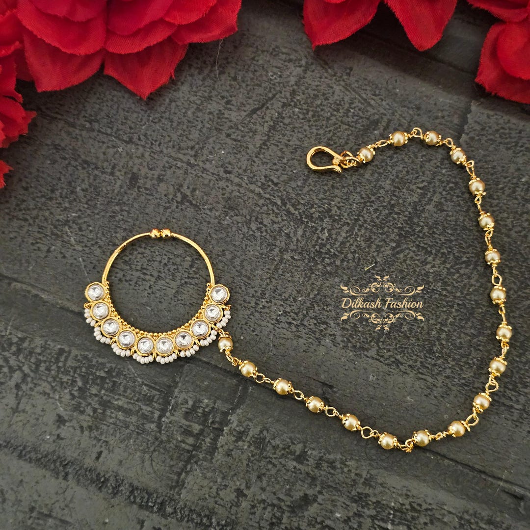 Pakistani Indian Punjabi Gold Pearl Kundan Nath Nose Ring Nathni ...