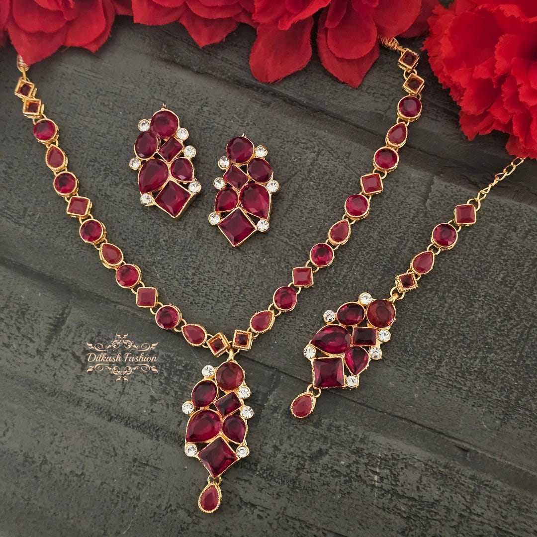 Pakistani Indian Punjabi Gold Turkish Ruby Red AD Necklace Earrings Set ...