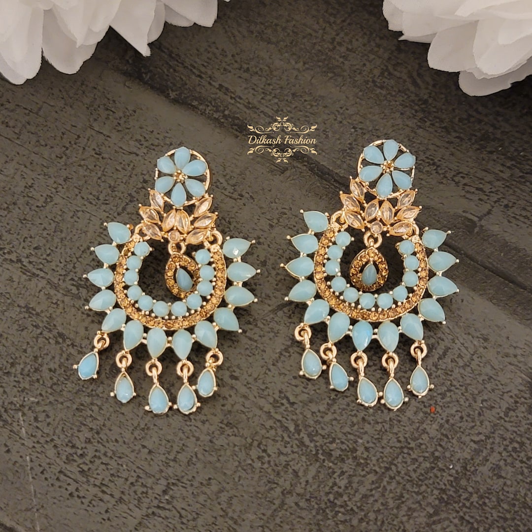 Pakistani Indian Punjabi Gold Polki Sky Blue Pearl Earrings Dilkash ...
