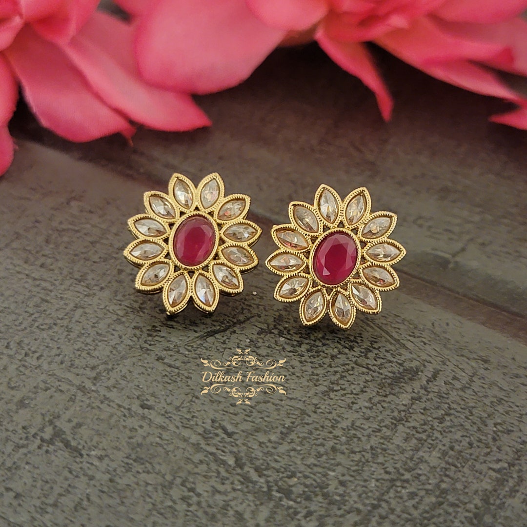Pakistani Indian Punjabi Gold Ruby Red Polki Studs Earrings - Etsy