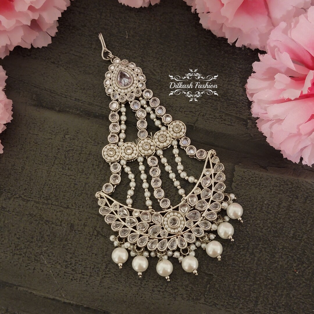 Pakistani Indian Punjabi Beautiful Silver Polki Pearl Crystal Jhumar ...