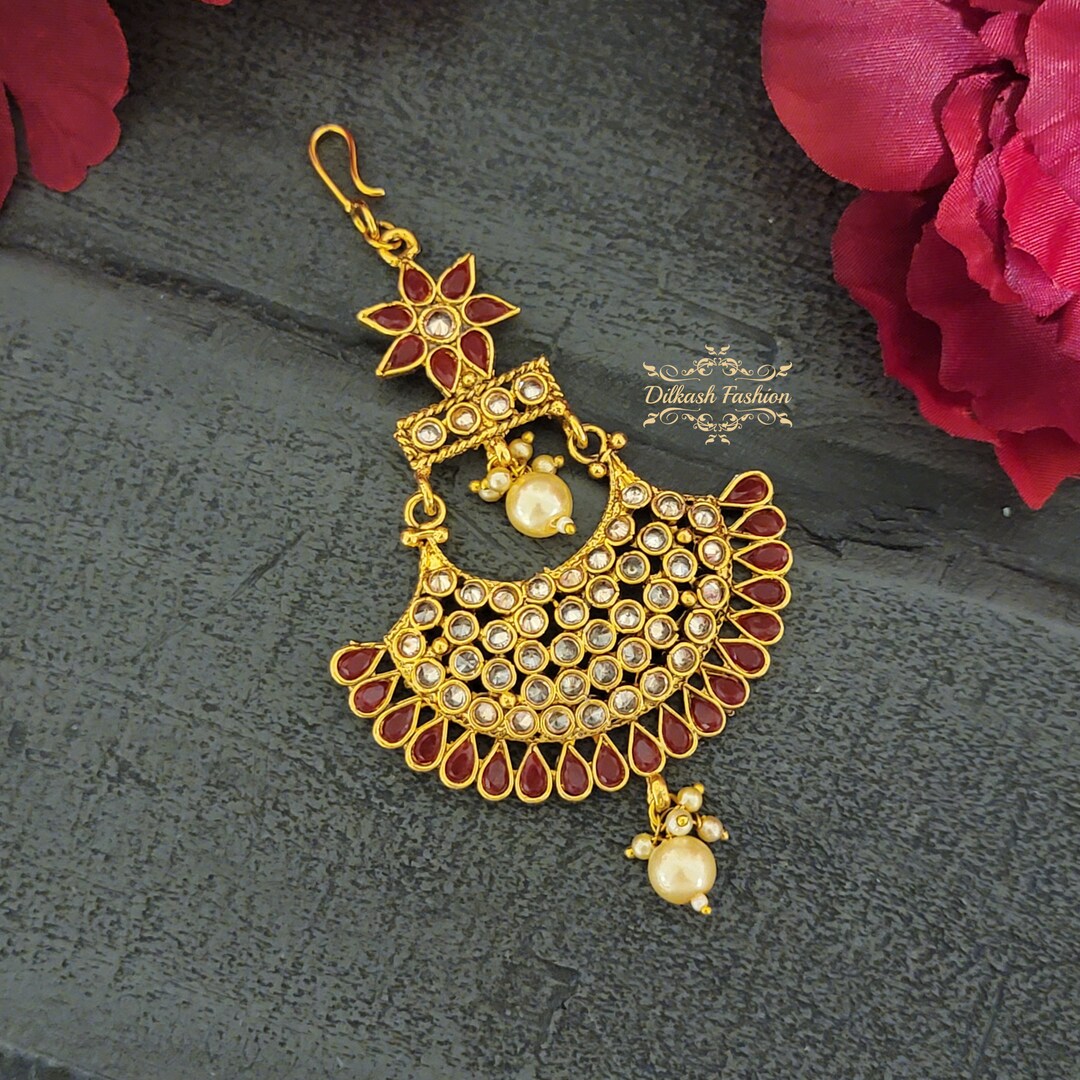 Pakistani Indian Punjabi Beautiful Maroon Red Gold Polki Jhumar Passa ...