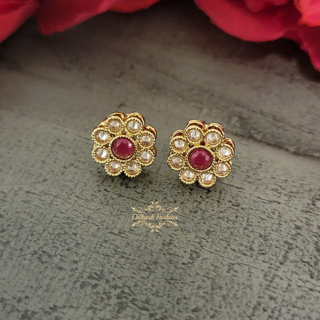 Pakistani Indian Punjabi Gold Ruby Red Polki Studs Earrings Dilkash ...