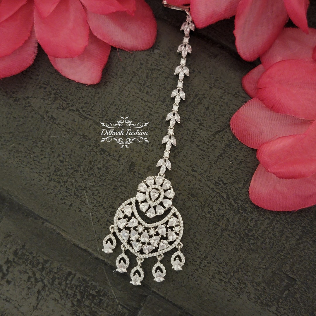 Pakistani Indian Punjabi Silver Cubic Zirconia American Diamond Tikka ...