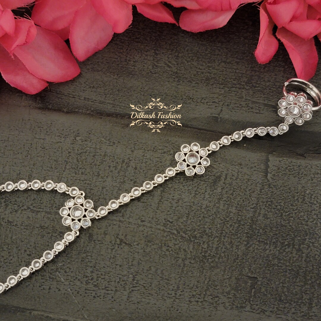 Pakistani Indian Punjabi Handcrafted Silver Polki Adjustable Hand Jewelry Bracelet Ring Dilkash ...