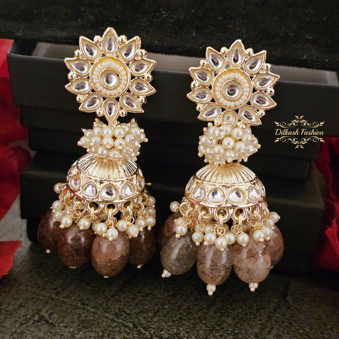 Pakistani Indian Punjabi Gold Kundan Natural Stone Browns Jhumki Jhumka ...
