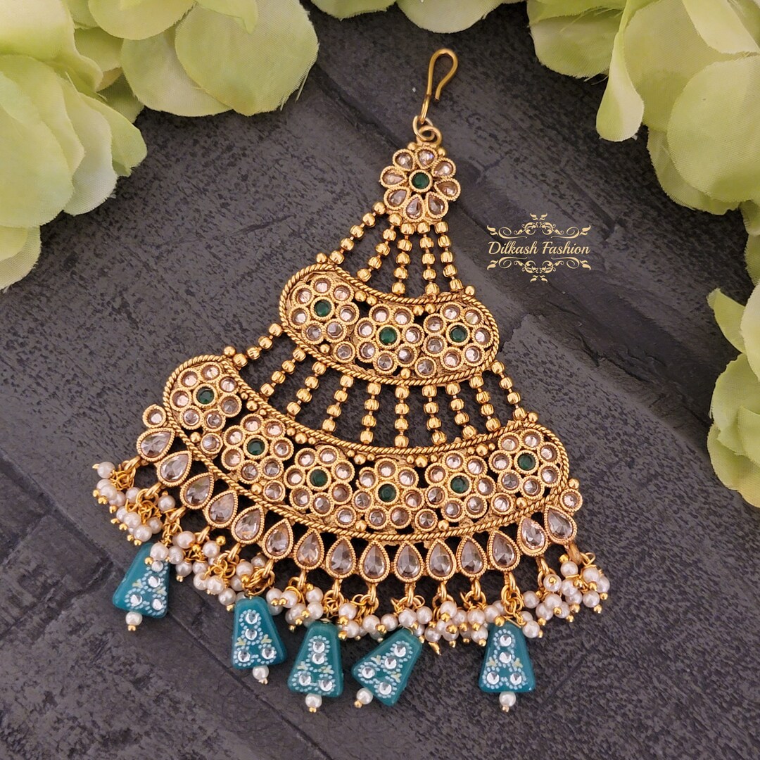 Pakistani Indian Punjabi Beautiful Pearl Green Gold Polki Jhumar Passa ...