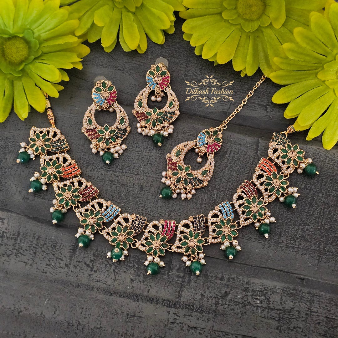 Pakistani Indian Punjabi Polki Gold Green Multi Nauratan Necklace ...