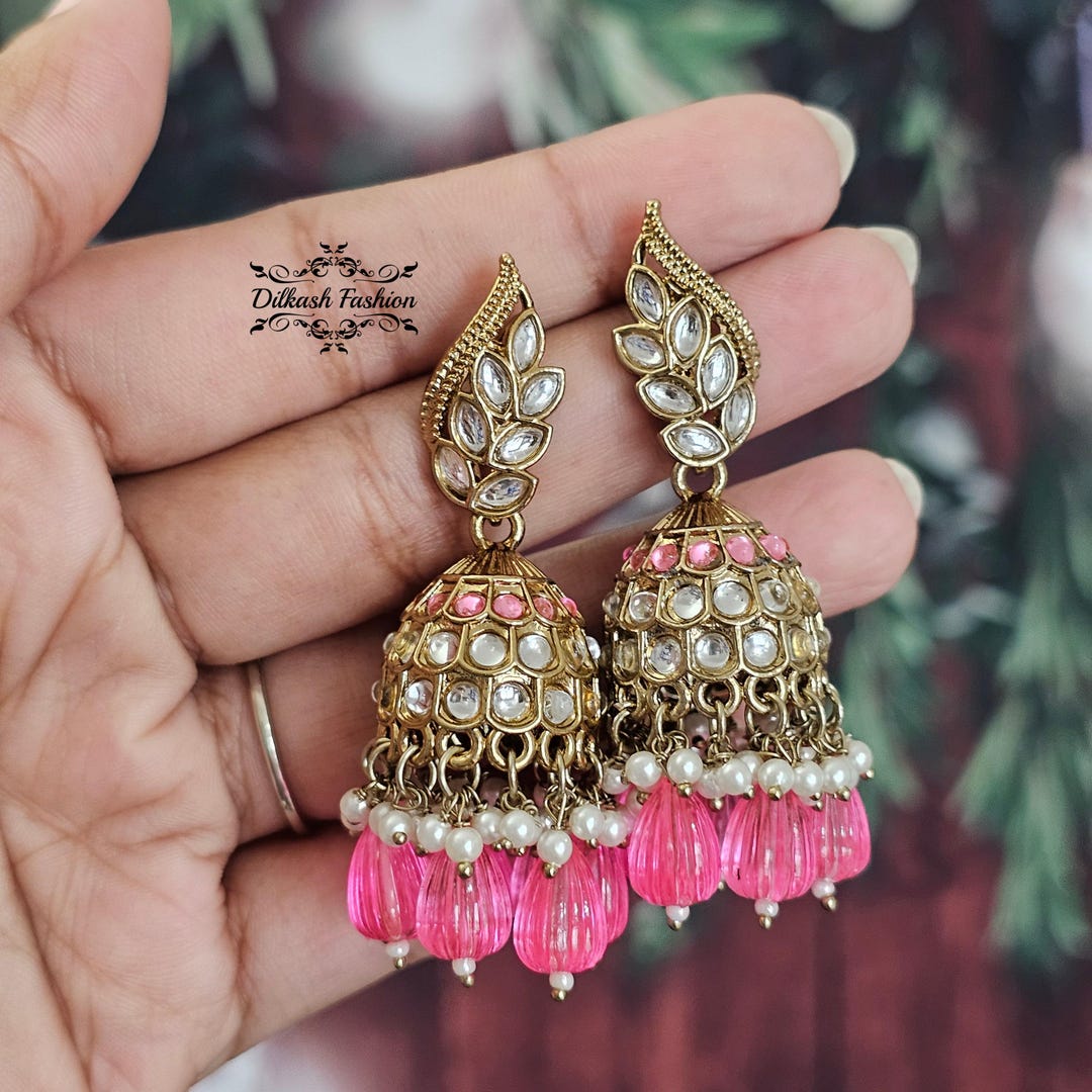 Pakistani Indian Punjabi Gold Kundan Bubblegum Pink Jhumki Jhumka Pearl ...