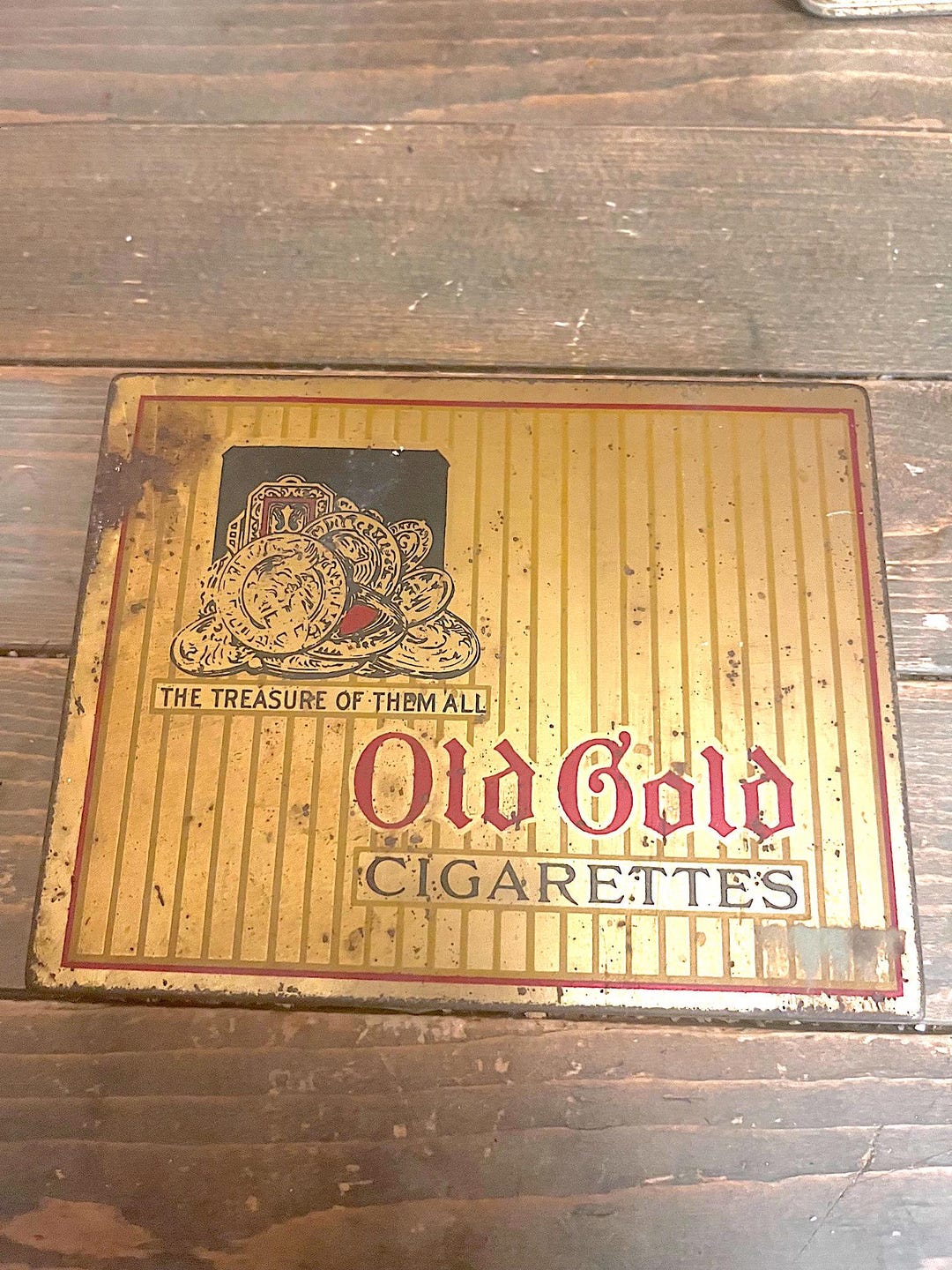 Vintage 50s Old Gold Cigarette Tin Box Gold and Red Metal Case Country ...