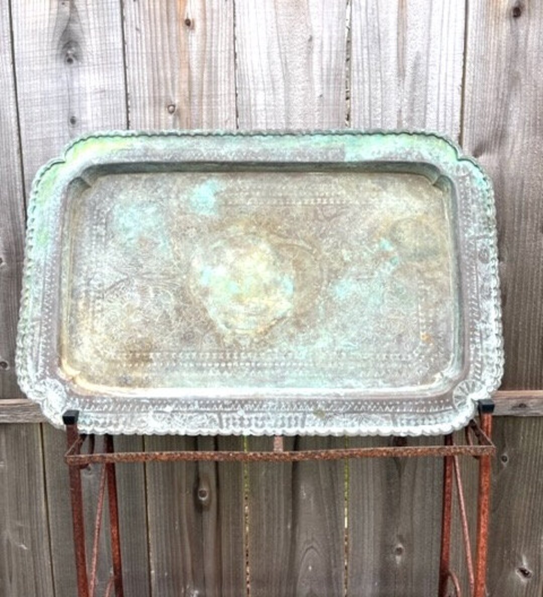 Vintage 50s Extra Large Brass Etched Tray Exotic Metal Rectangle Tray ...