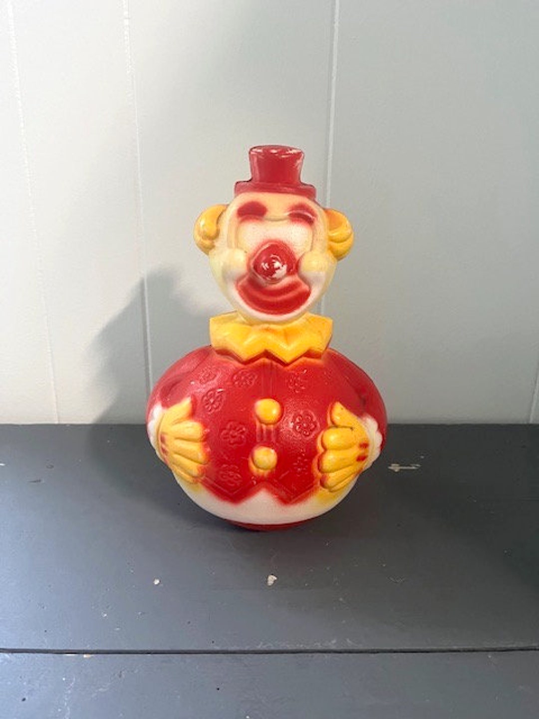 Vintage 60s Roly Poly Clown Large Red and Yellow Large Hard Plastic Toy ...