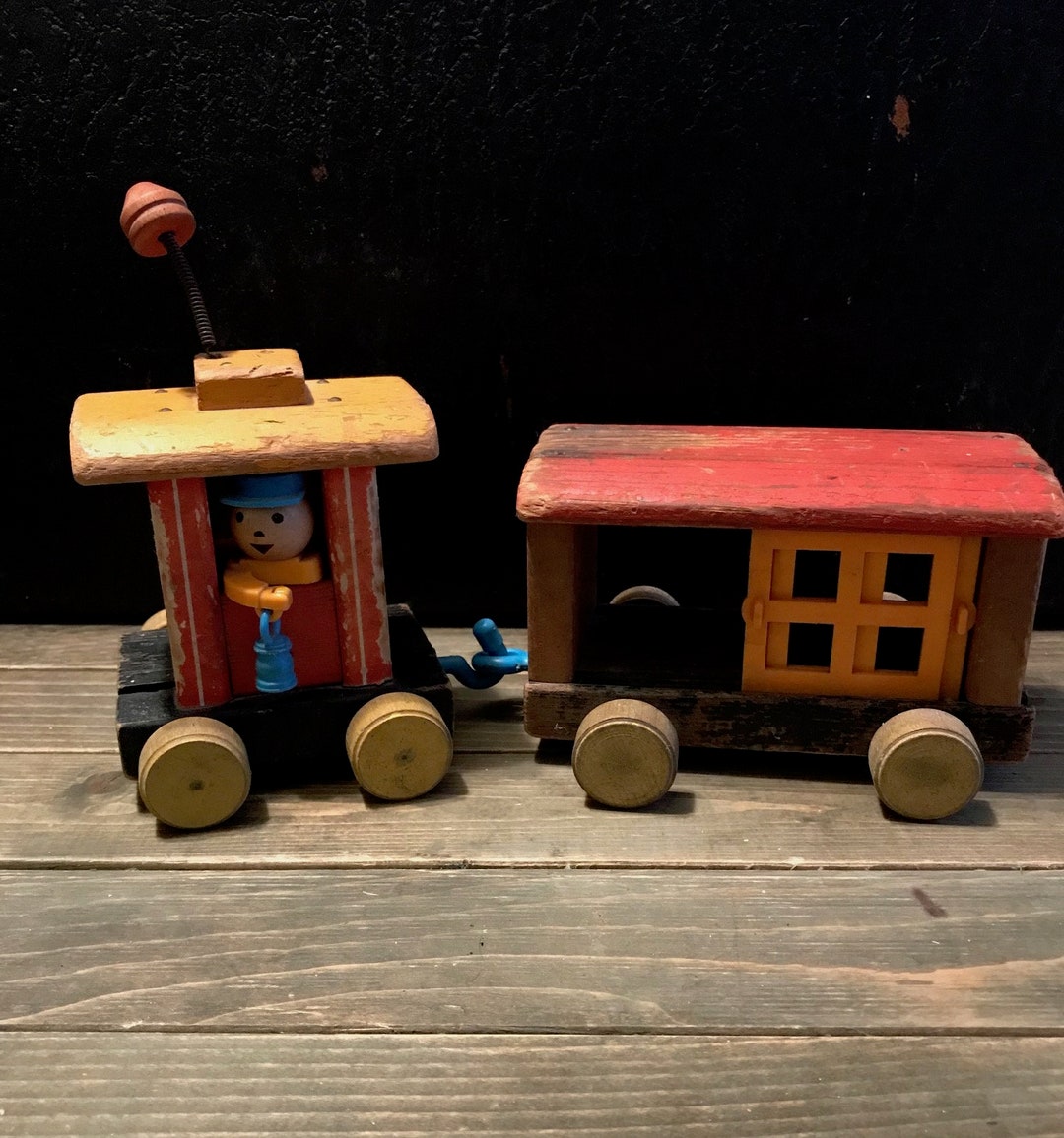 Vintage Wood Train 2 Cars Caboose With Conductor and Animal Car 60s ...