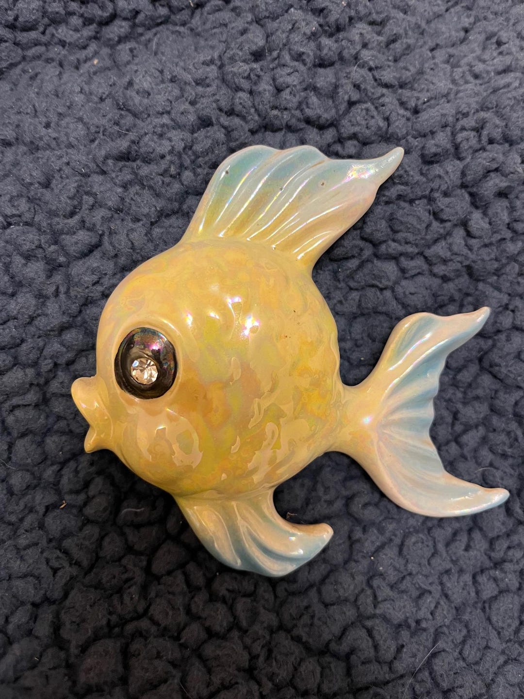 Vintage 50s MCM Ceramic Yellow Fish With Rhinestone Eye and Blue Fins ...