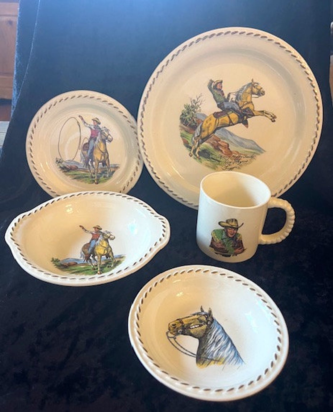 Vintage 50s Roy Rogers 5 Piece Ceramic Dish Set Large & Small Plates ...