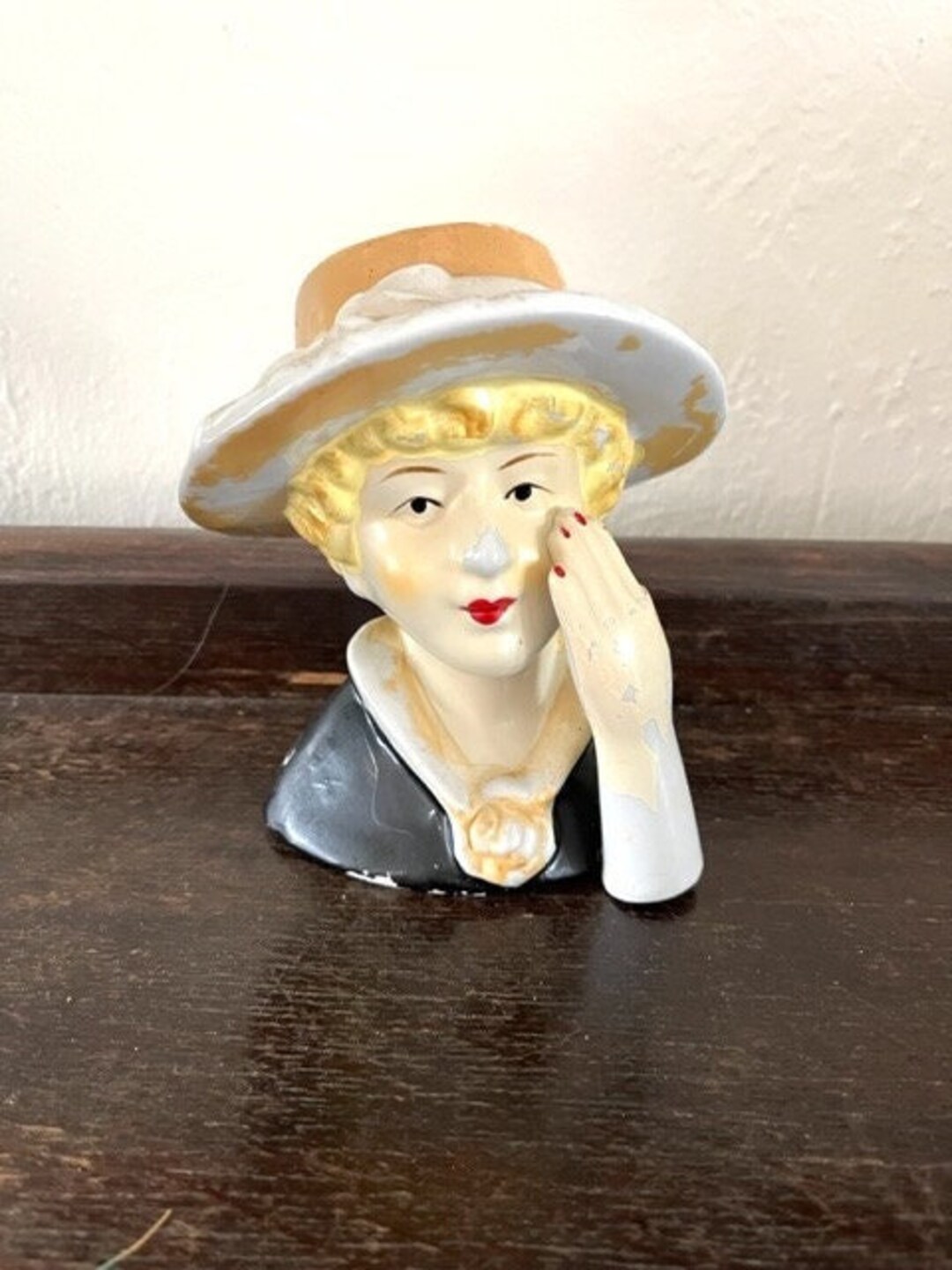 Vintage 50s Lady Head Bust Ceramic Woman in Yellow Hat Decoration ...