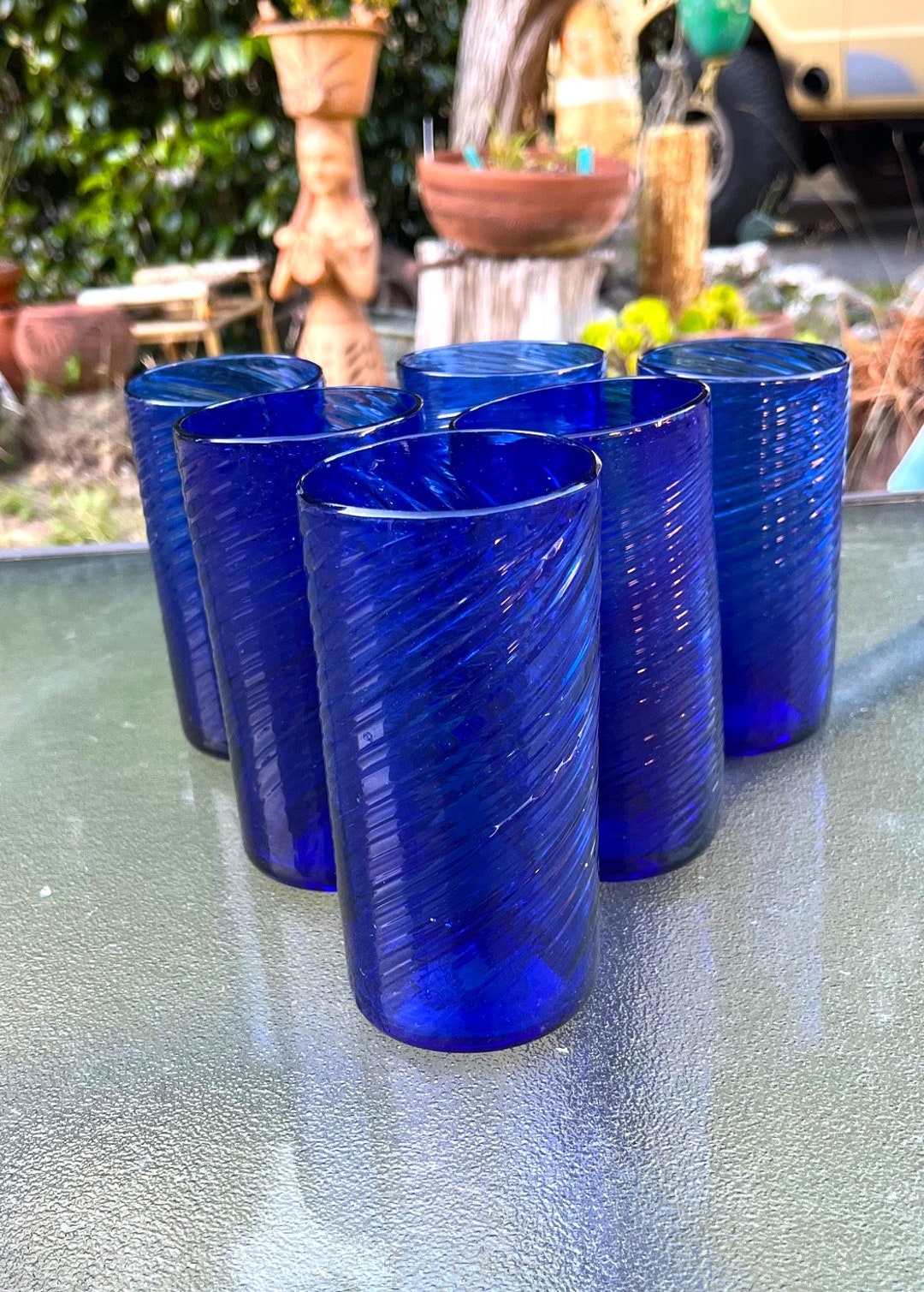 Vintage Set of 6 Cobalt Blue Hand Blown Glass Drinking Glasses Mexican ...