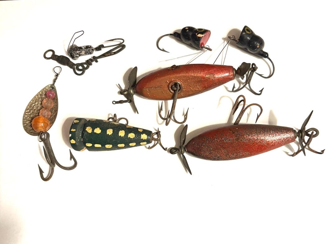 Vintage 50s Fishing Lures and Tackle Mid Century Wood Hooks Poppers ...