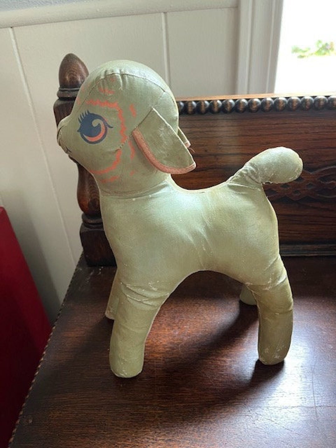Vintage Antique 30s Stuffed Baby Lamb Toy Oil Cloth Retro Green With ...