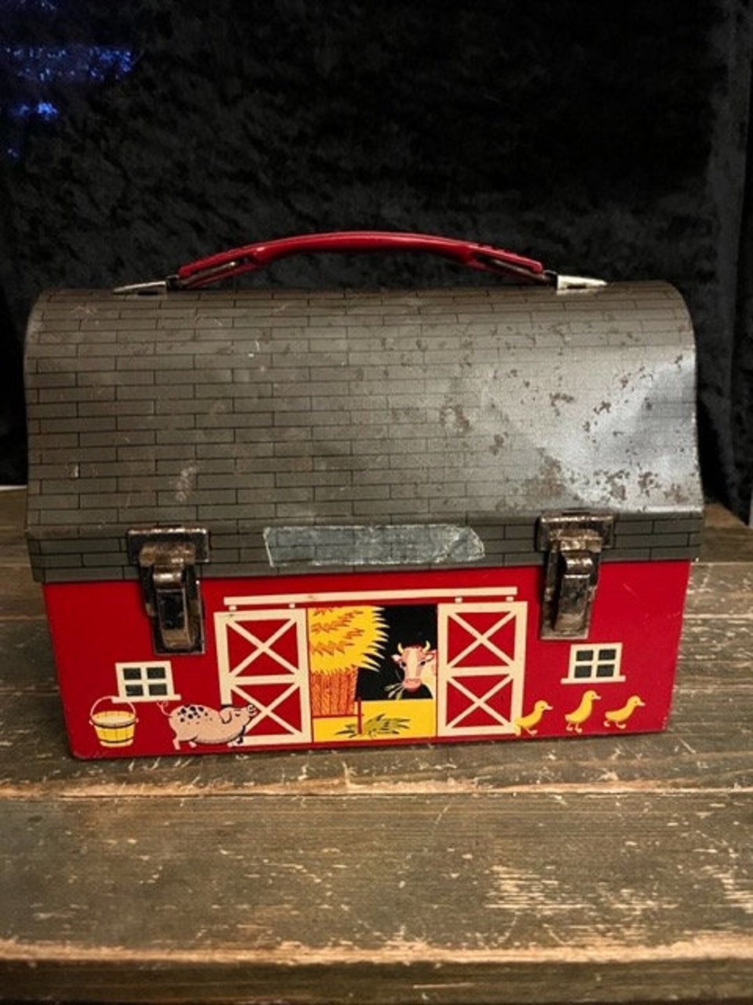 Vintage 60s Farmhouse Barn Red Metal Lunchbox Thermos Brand With Red ...
