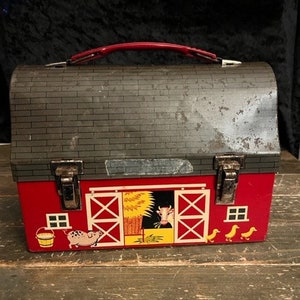 Vintage 60s Farmhouse Barn Red Metal Lunchbox Thermos Brand With Red ...