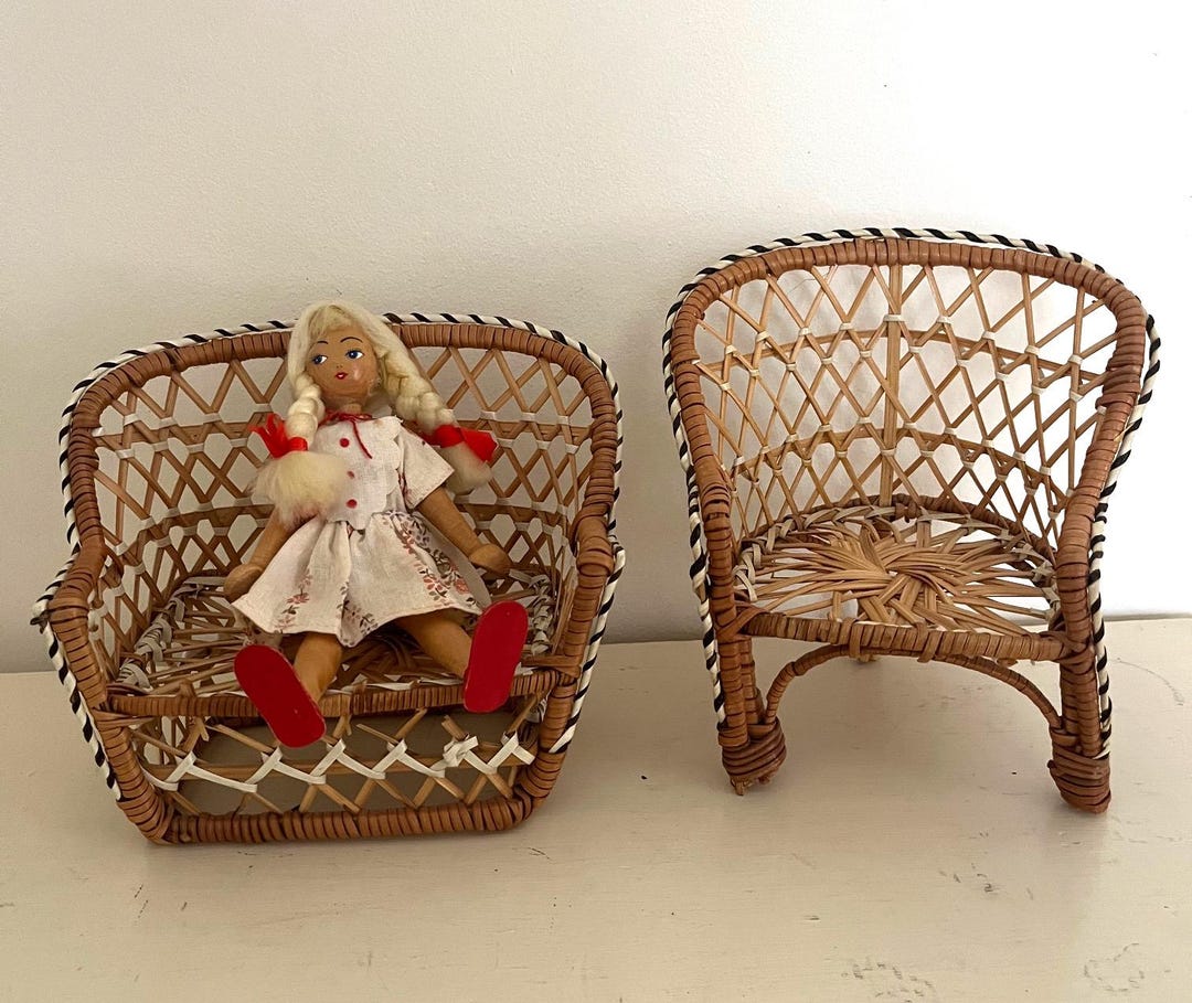 Vintage 70s Wicker Doll Chair Set With Wooden Doll High Back Chair ...