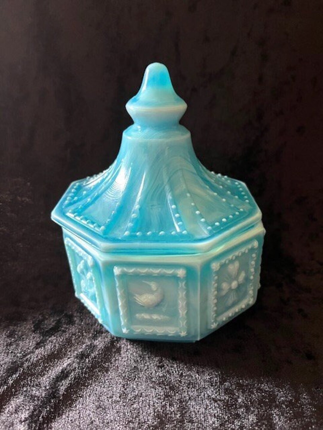Vintage Blue Marble Glass Octagon Candy Dish Ornate Embossed Patterns ...