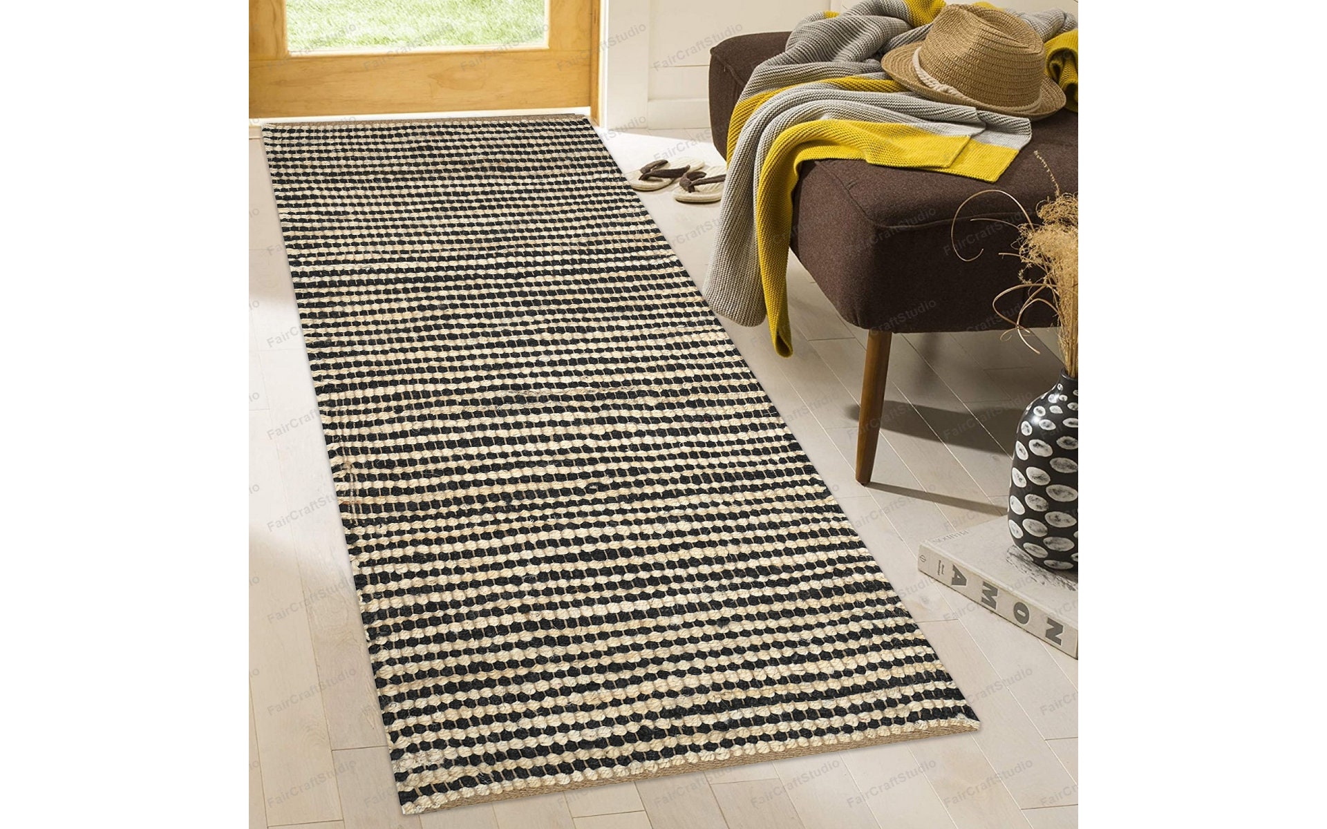 Black and White Rug Jute Stairs Runner Yoga Mat Hall Runner - Etsy