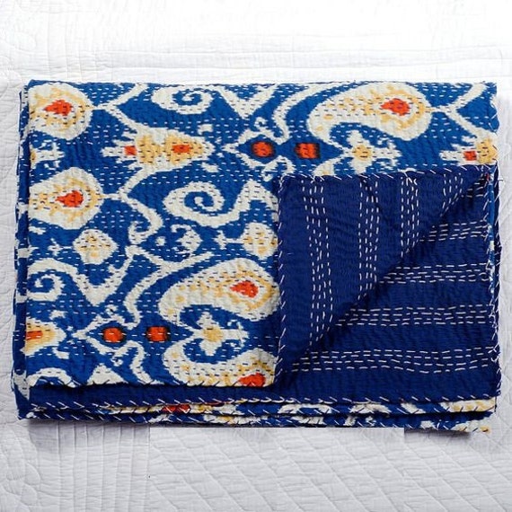 Blue Ikat Quilt Queen Cotton Decorative Kantha ikat Quilt | Etsy