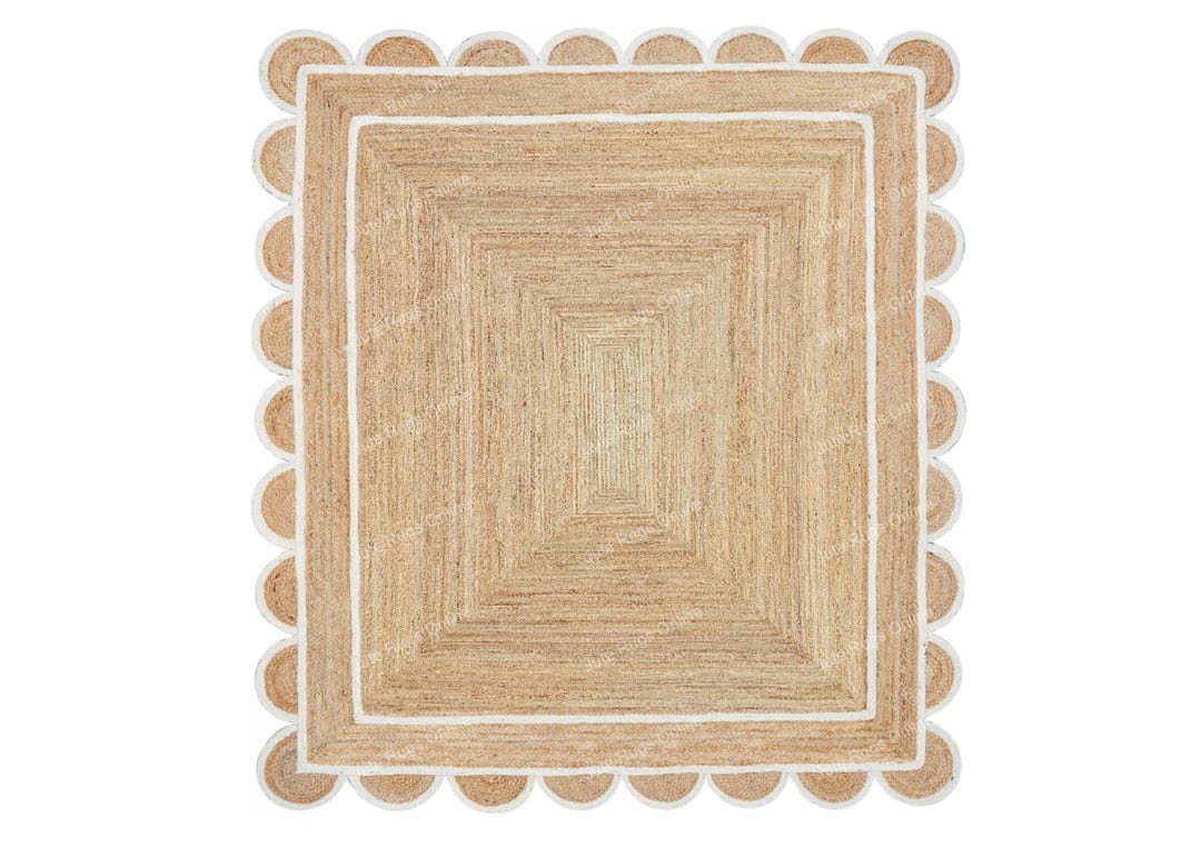 Square Scalloped Jute Rug, Square Jute Rug, White Scalloped Edge Rug ...