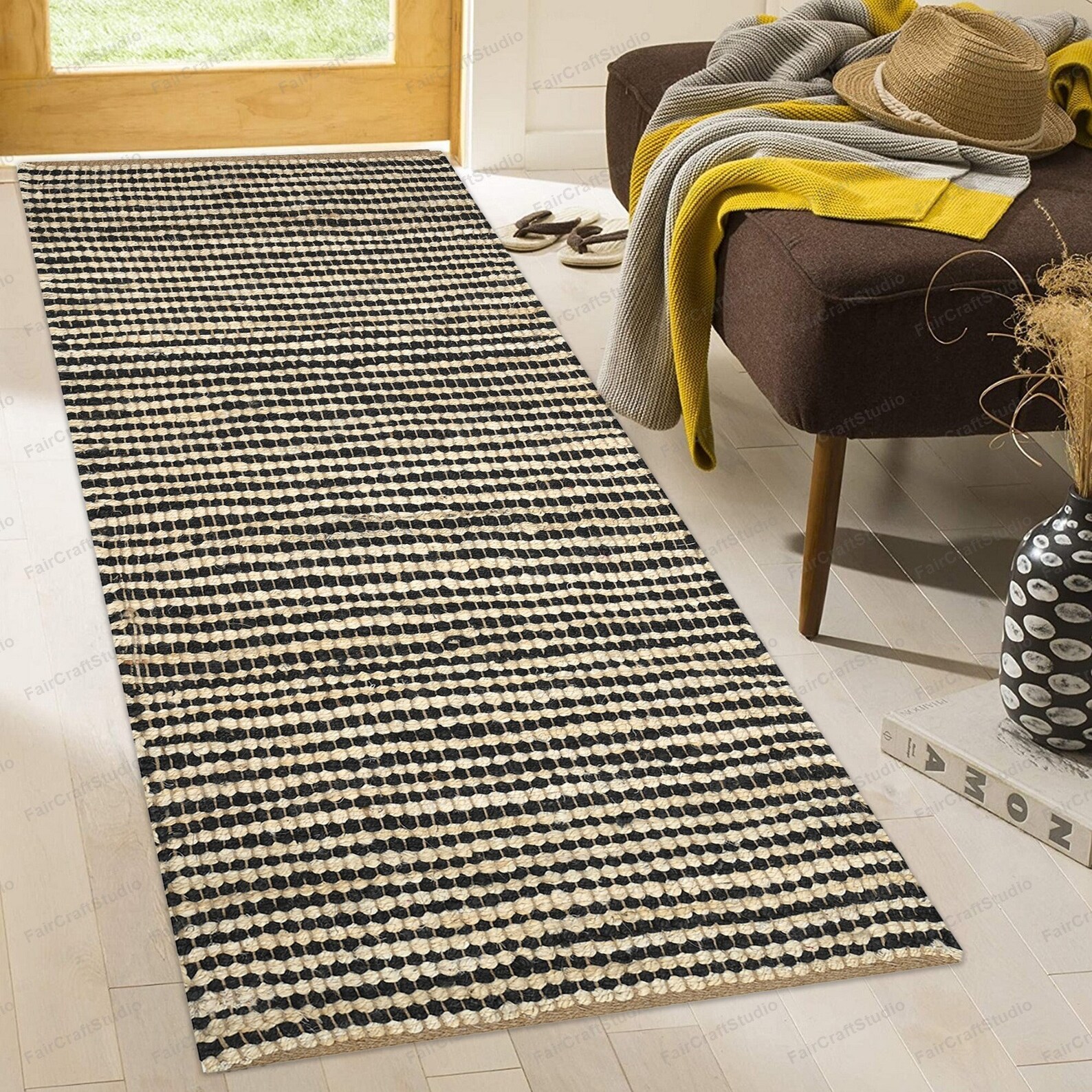 Black and White Rug Jute Stairs Runner Yoga Mat Hall Runner - Etsy