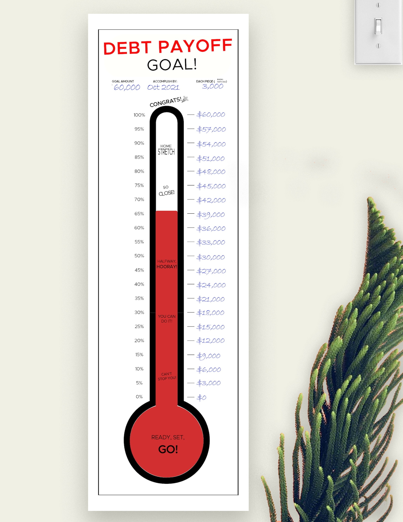 Giant DEBT PAYOFF Thermometer - Savings Goal Tracker - Printable ...