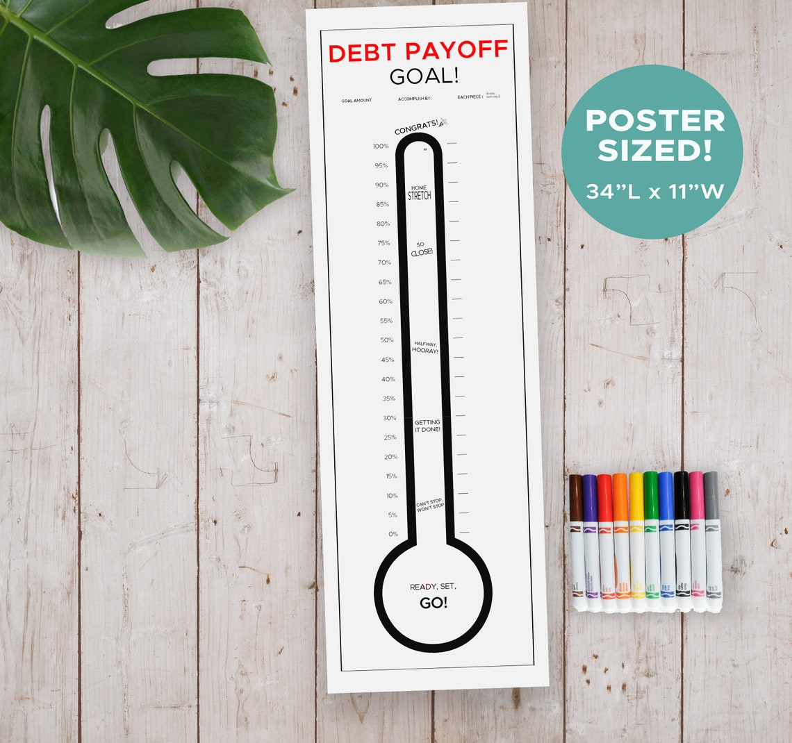 Giant DEBT PAYOFF Thermometer - Savings Goal Tracker - Printable ...
