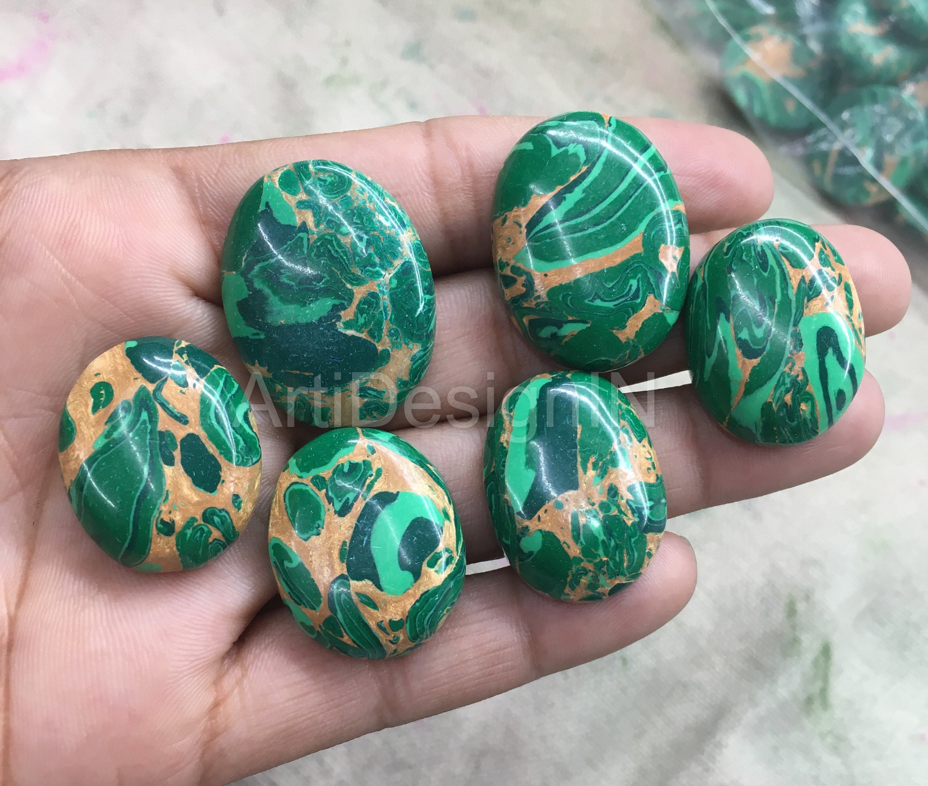 Synthetic Malachite Copper Oval Cabochon Calibrated Size Loose Gemstone ...