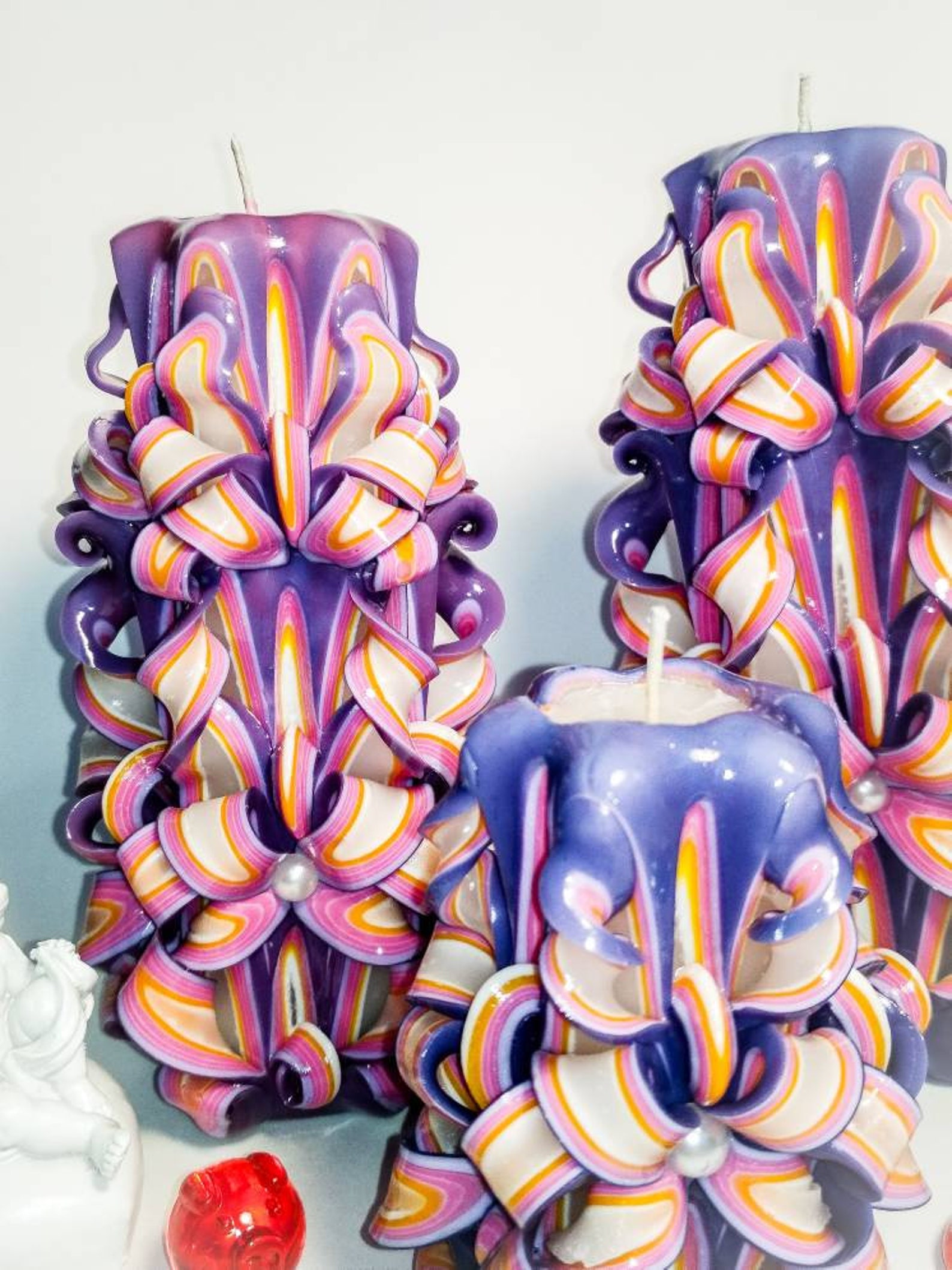 Violet carved candles set with pink butterflies is amazing | Etsy