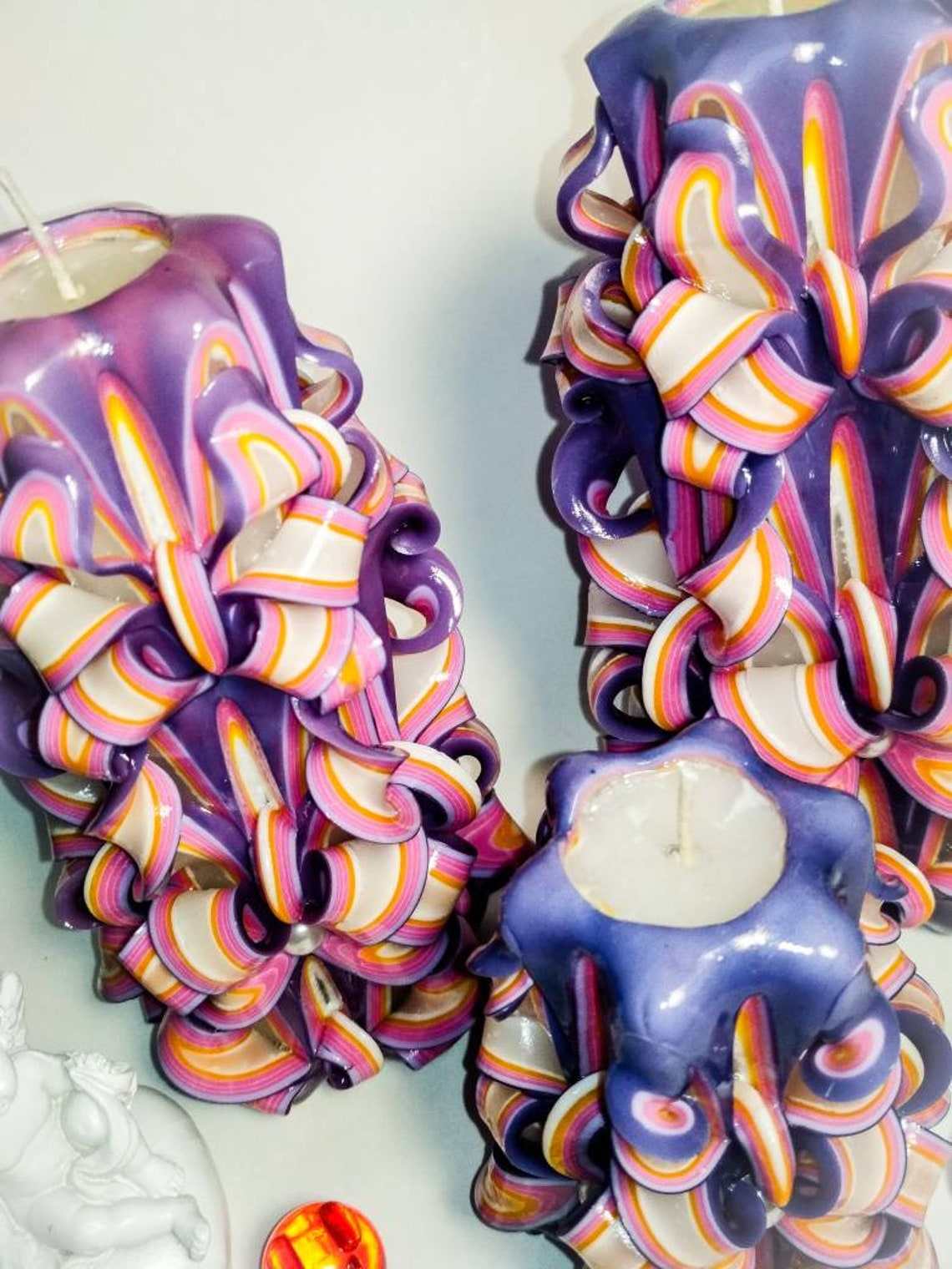 Violet carved candles set with pink butterflies is amazing | Etsy