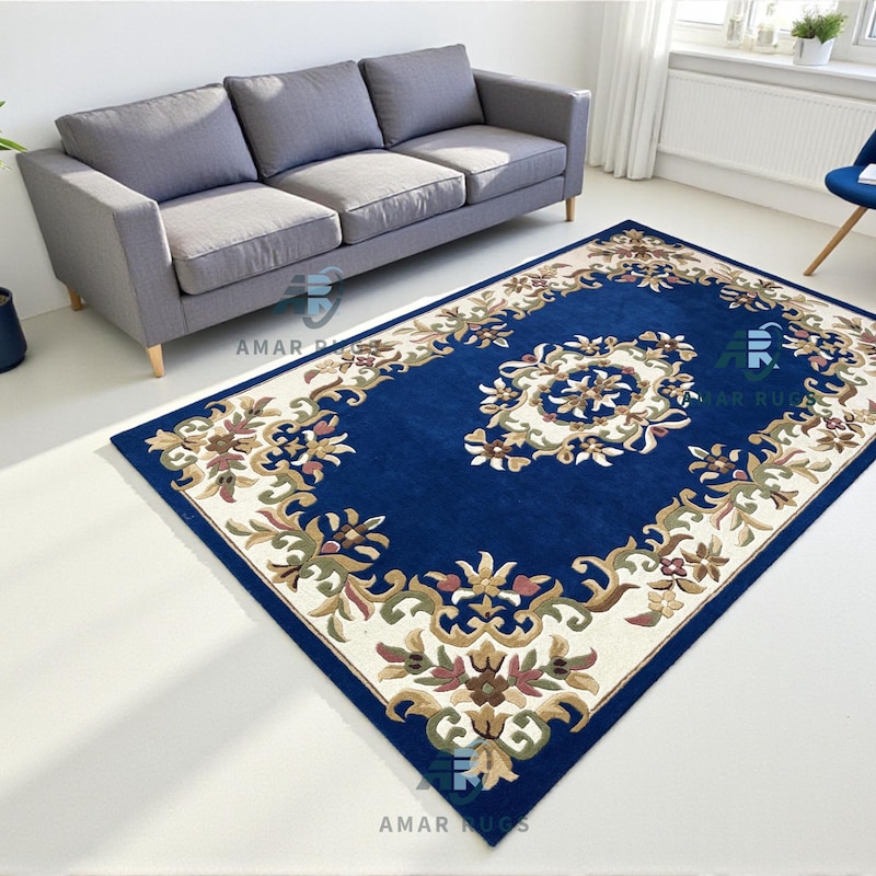 Navy Wool Floral Rug - Etsy