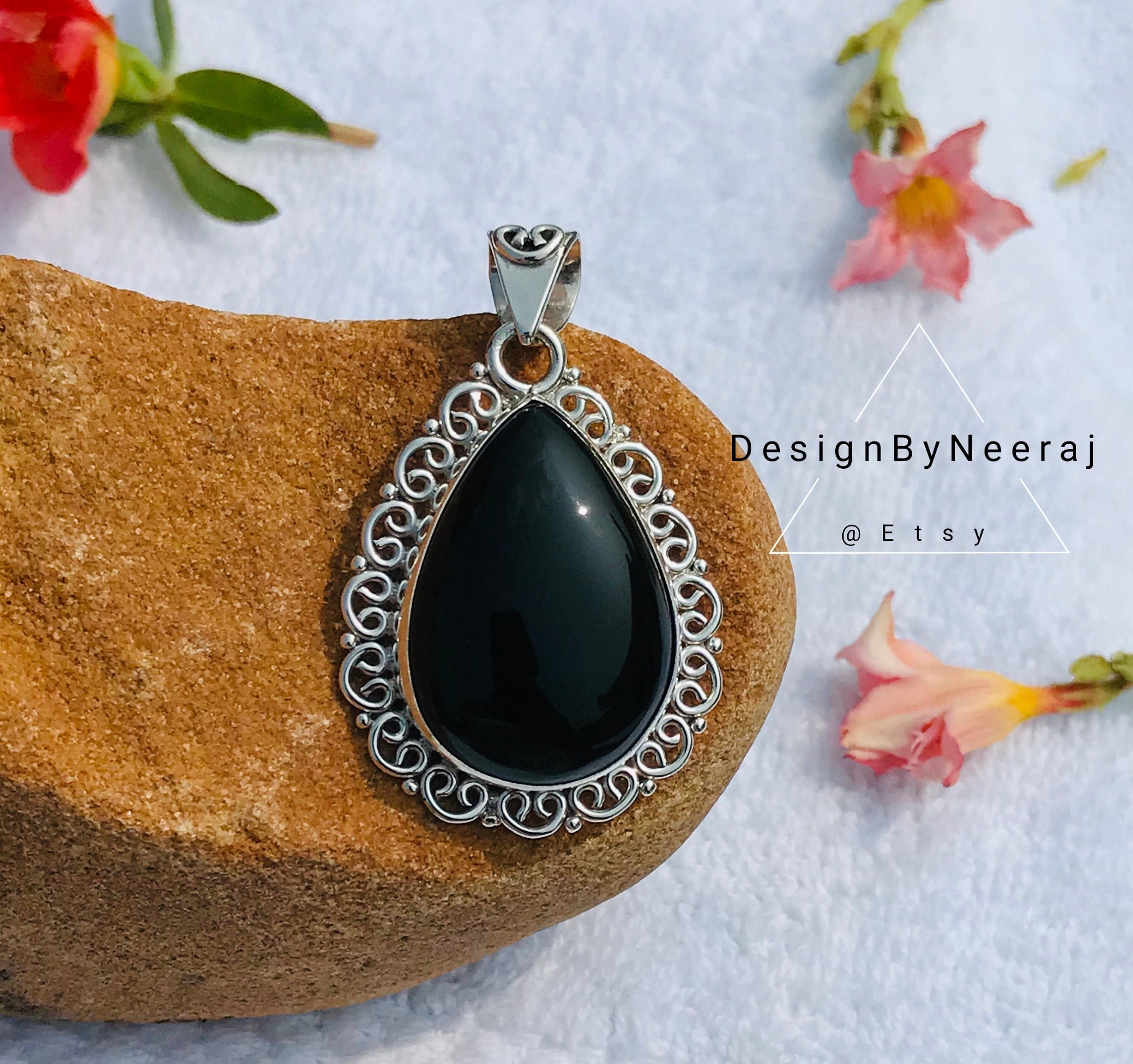 Pretty Natural Black Onyx, Pear Cab Pendant, 925 Sterling Silver ...