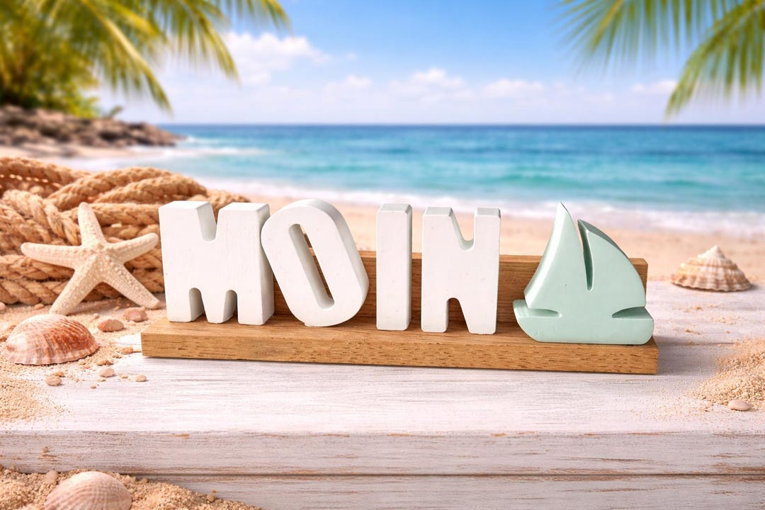 Maritimer Deko-Schriftzug „MOIN“ aus Raysin – Handgemachte Küstendeko ...
