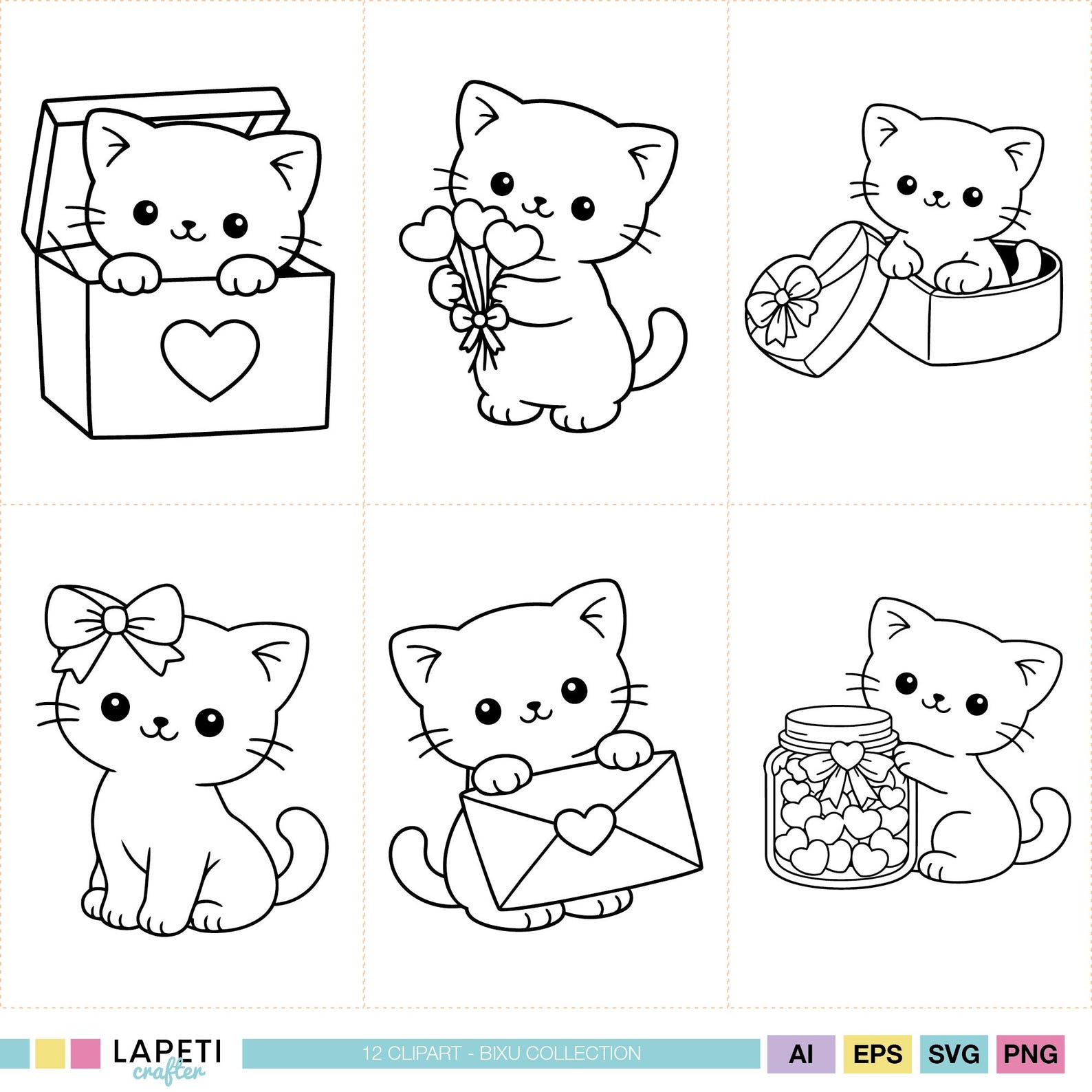 Valentine Cat Coloring Clipart, Kawaii Kitten Line Art Stamps, Pet ...