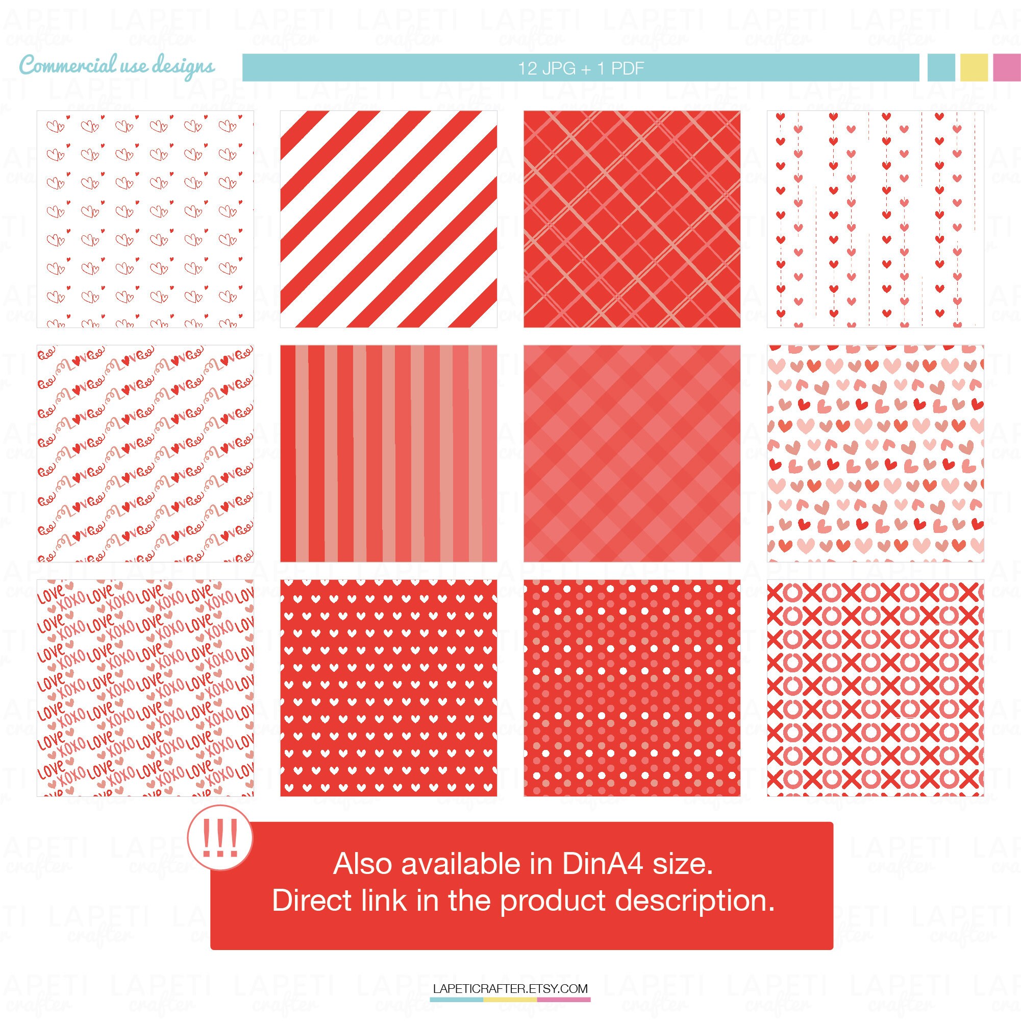 Valentines Day Digital Paper Pink & Red 12x12 Scrapbook - Etsy