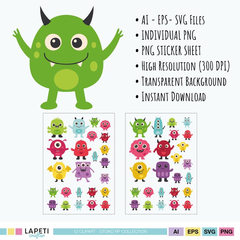 Cute Monster Clipart Bundle, Colorful Halloween Png, Kawaii Stickers ...